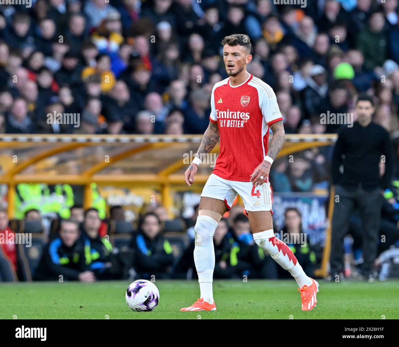 Ben White of Arsenal in action, during the Premier League match ...