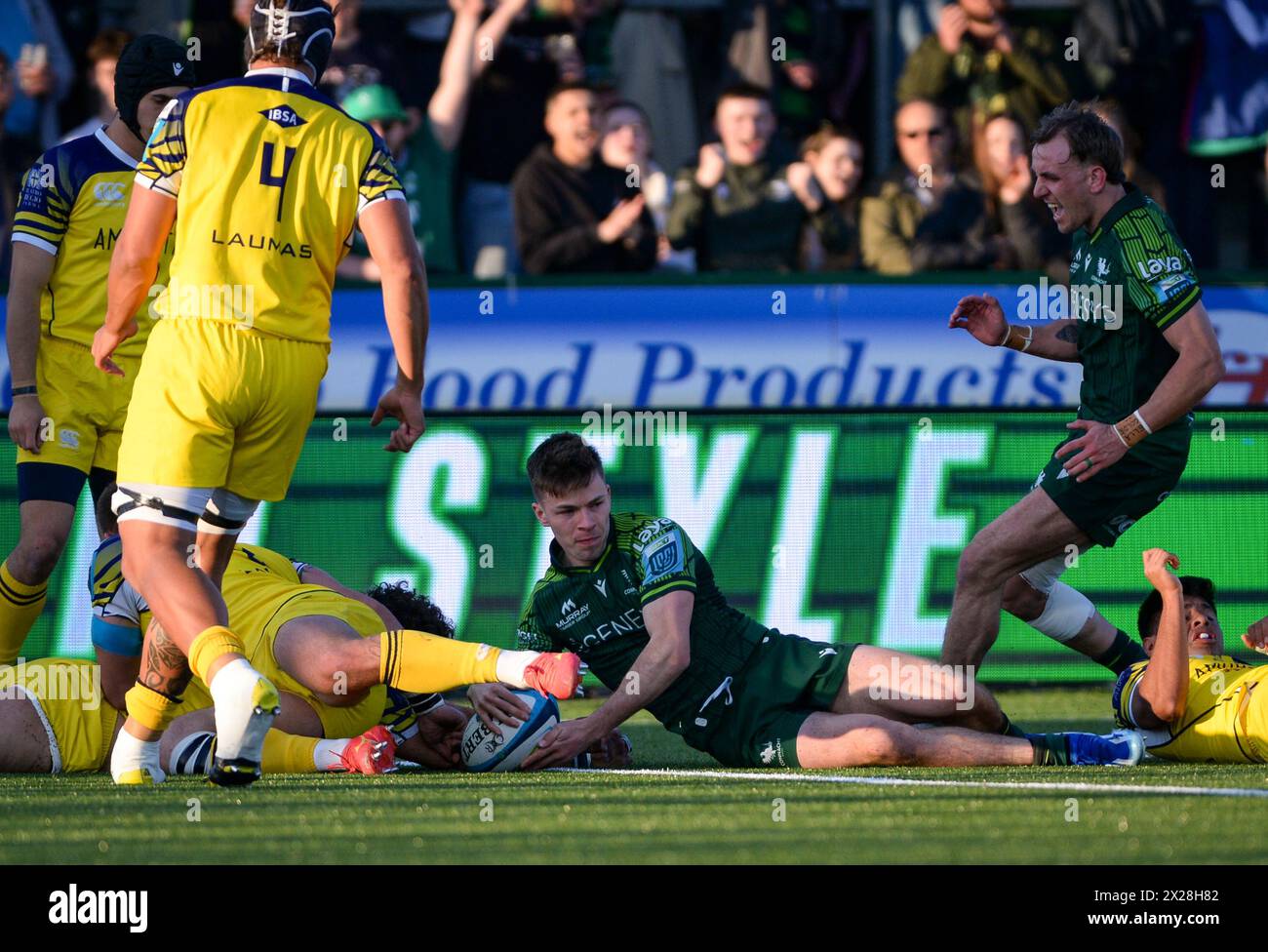 Galway, Ireland. 20th April, 2024. Matthew Devine scores a try during ...