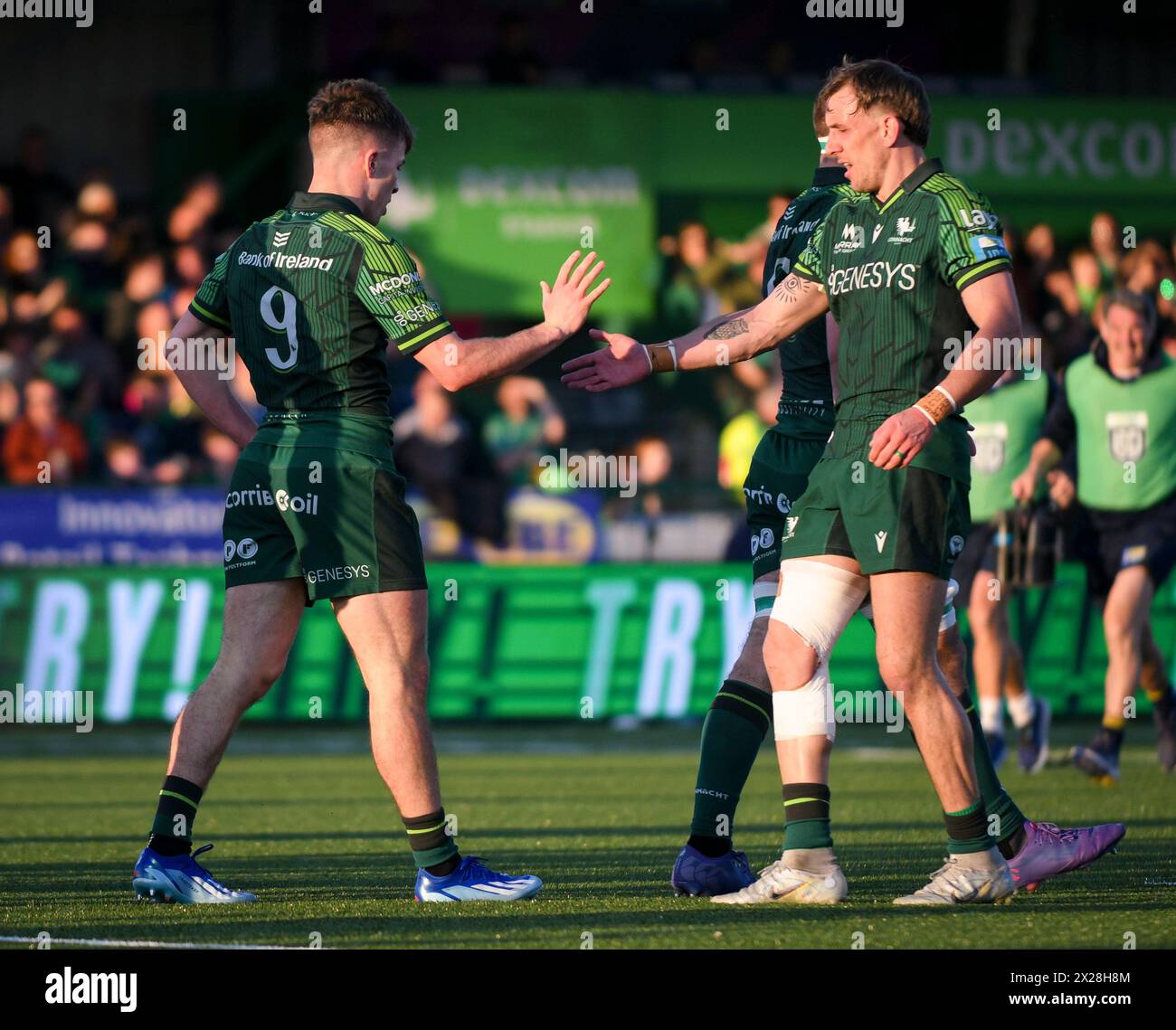 Galway, Ireland. 20th April, 2024. Connacht's John Porch congratulates ...