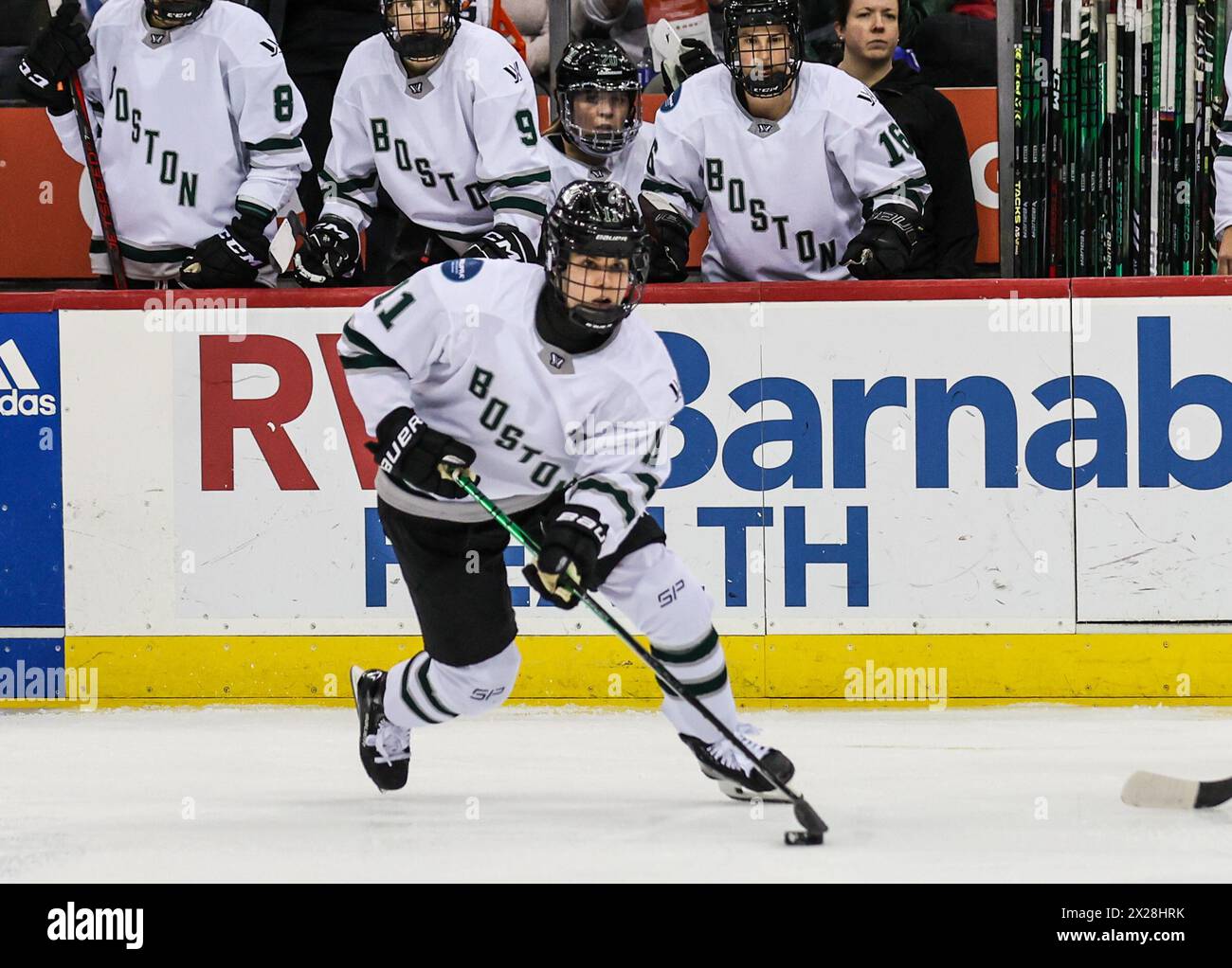 Newark, NJ, USA. 20th Apr, 2024. Boston forward Alina Muller (11) during the PWHL game between ...