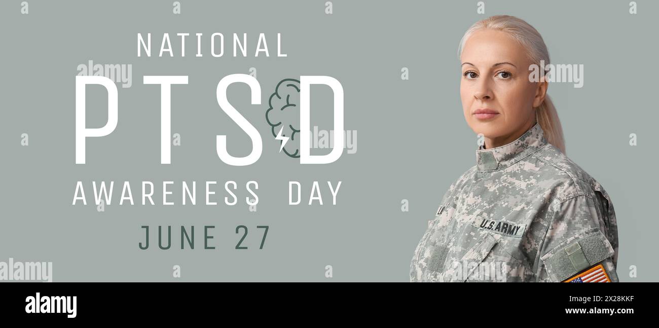 Mature female soldier on grey background. Banner for National PTSD ...