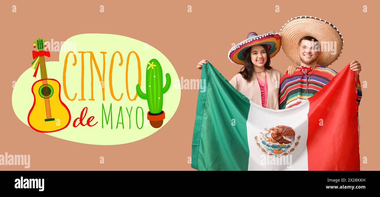 Happy young couple with flag of Mexico on beige background. Banner for ...