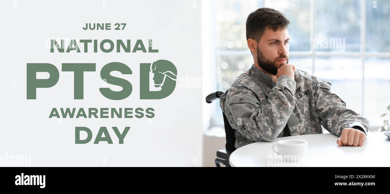 Thoughtful young soldier in wheelchair at table. Banner for National ...