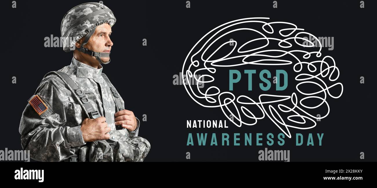 Mature male soldier on dark background. Banner for National PTSD ...
