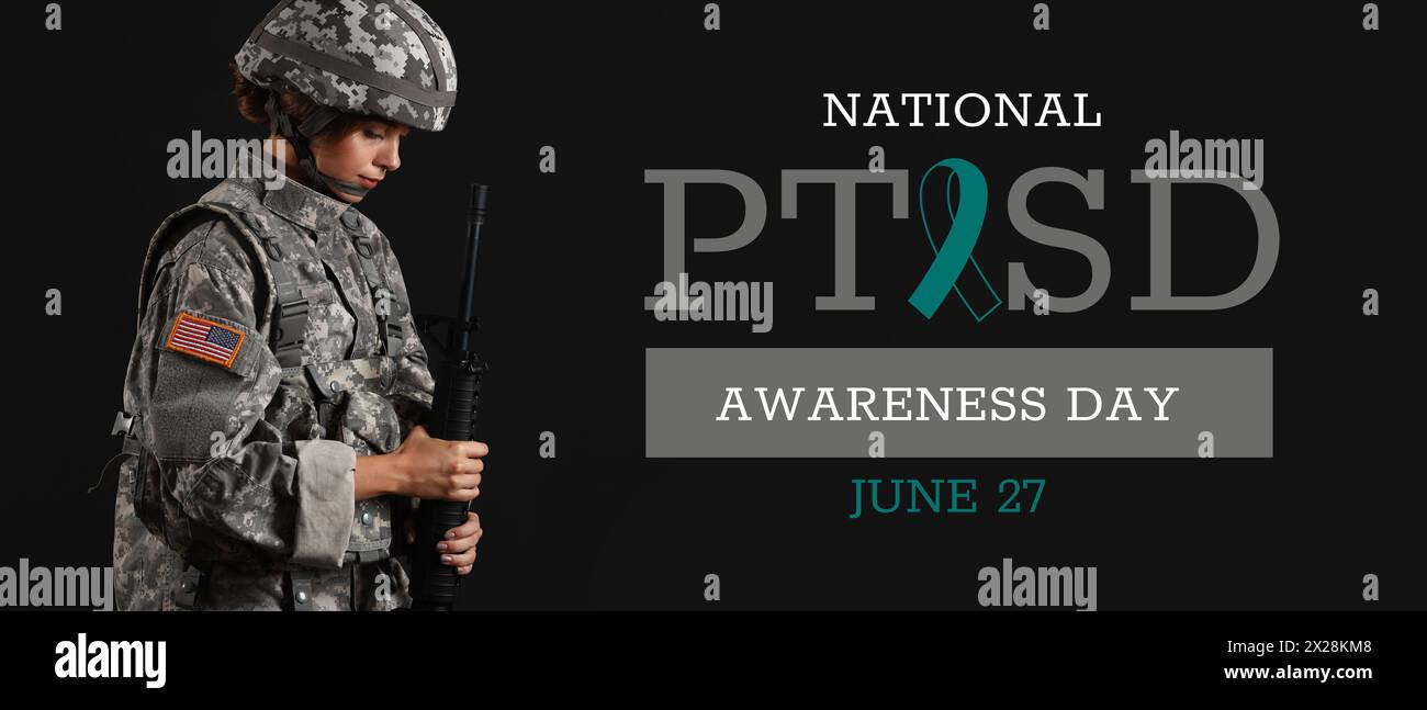 Female soldier on dark background. Banner for National PTSD Awareness ...