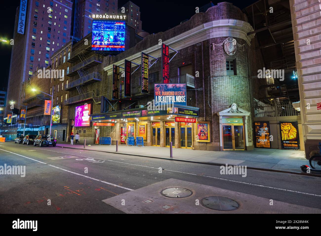 A stunning nighttime perspective of the Broadhurst Theatre, featuring ...