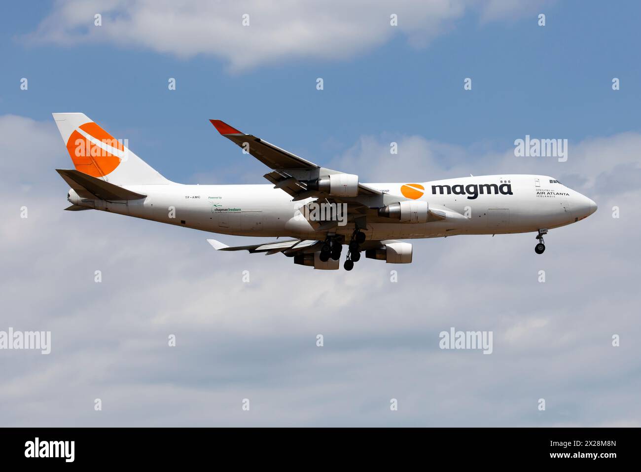 A Magma Aviation Boeing 747-400 freighter landing at Frankfurt Rhein ...