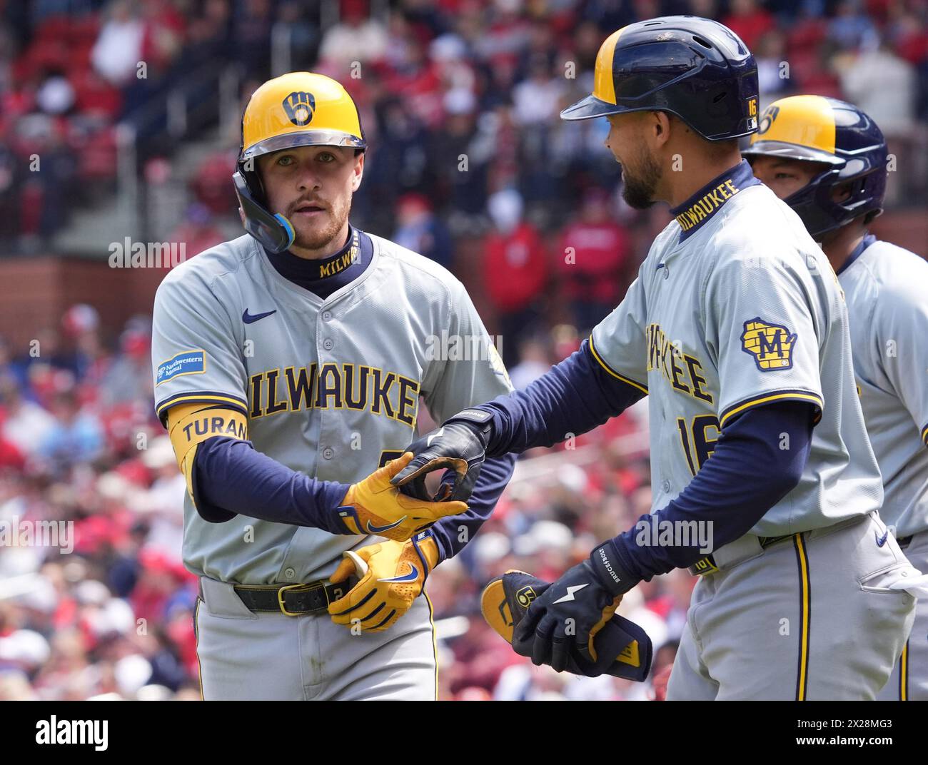 Milwaukee Brewers Brice Turang (L) is congratulated by Blake Perking ...