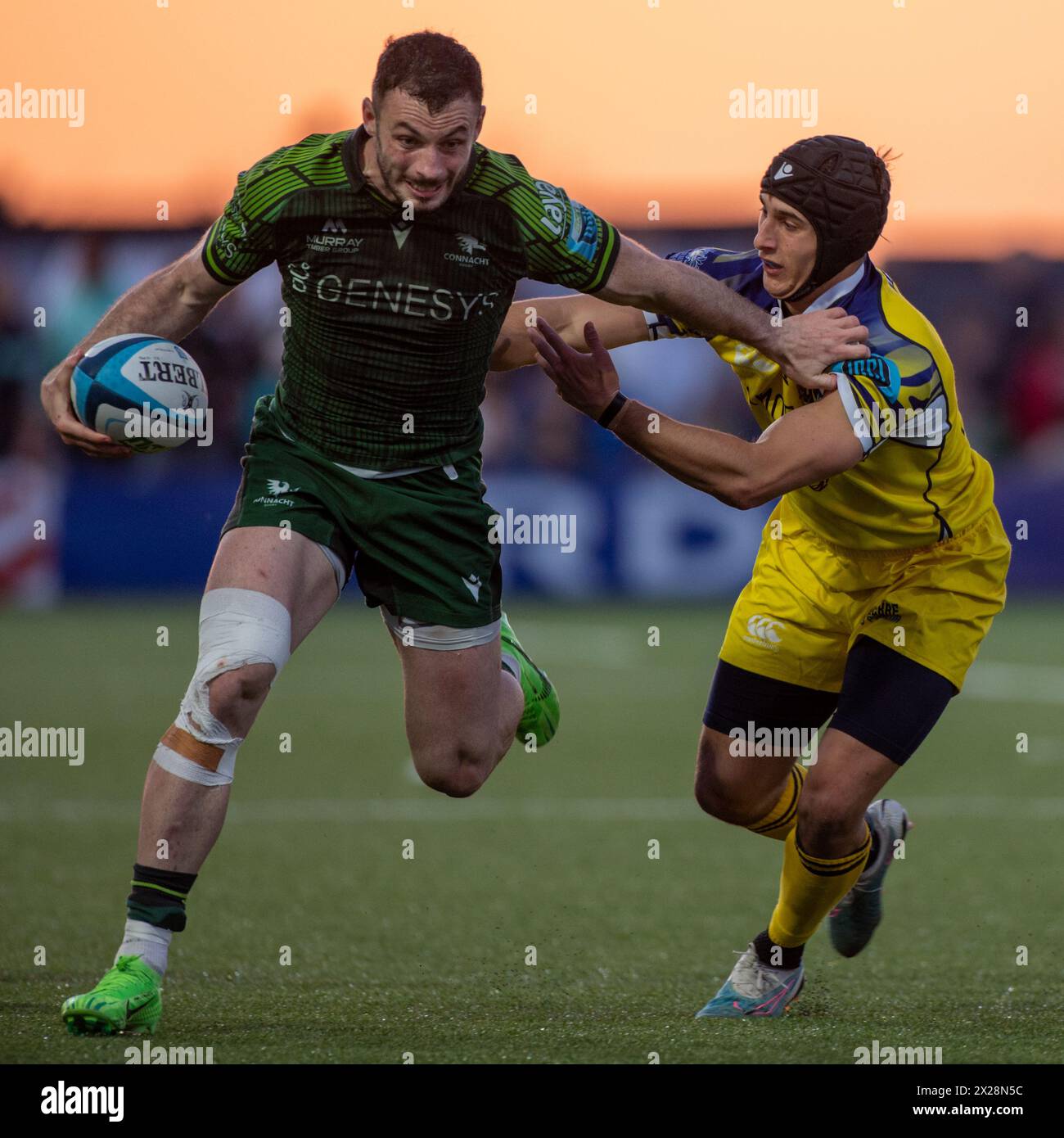 Galway, Ireland. 21st Apr, 2024. Andrew Smith of Connacht tackled by ...