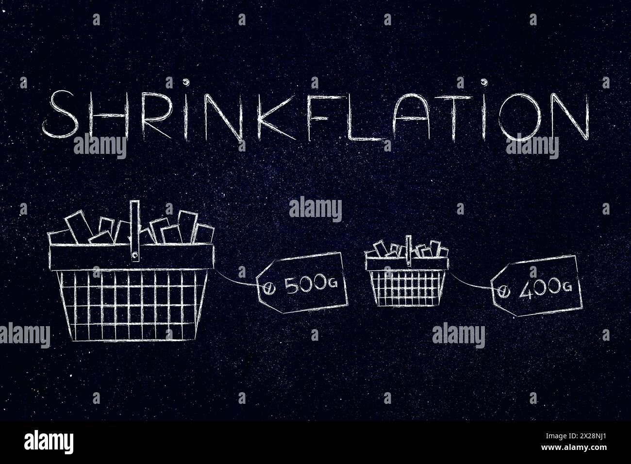 Shrinkflation design with product weight labels on shopping baskets ...