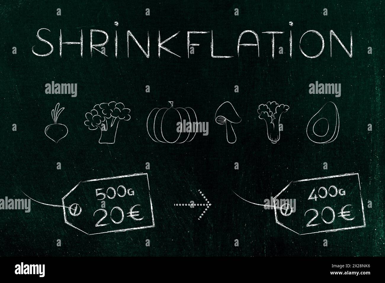 Shrinkflation design with groceries labels in grams and euros, concept ...