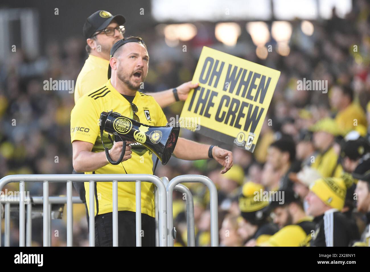 Columbus, Ohio, USA. 20th Apr, 2024. Columbus Crew fans cheer their ...