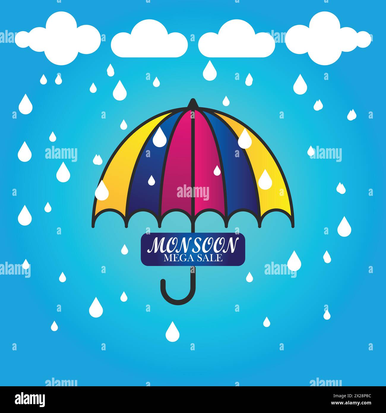 Monsoon Mega Sale Poster Design With Umbrella Decorated On white Clouds ...