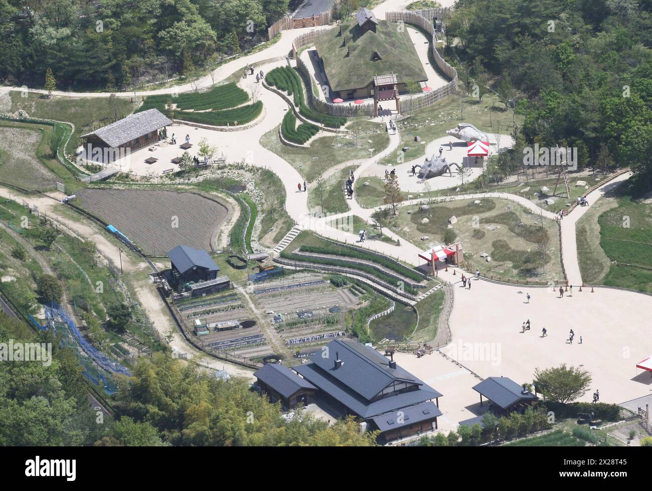 An aerial photo shows Ghibli Park at Expo 2005 Aichi Commemorative Park ...
