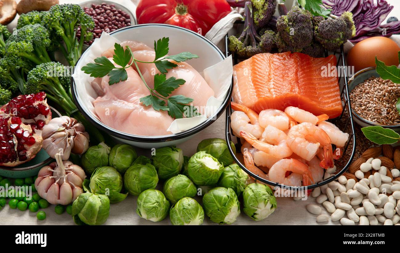 Balanced diet food background. Healthy food selection. Detox and clean ...