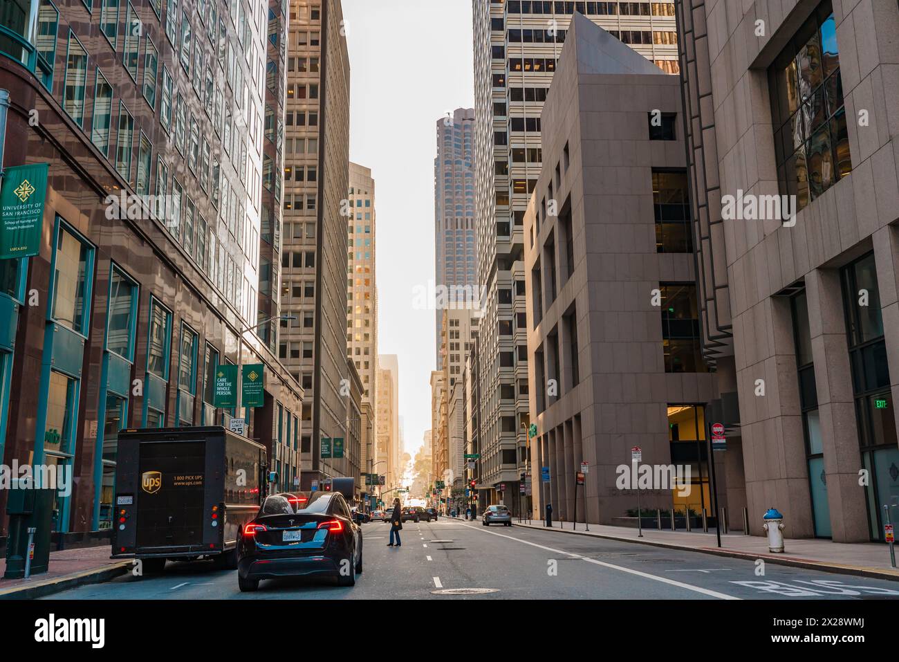 San Francisco, California, April 8, 2024. Sunset light filters through ...