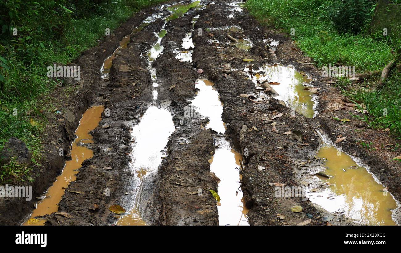Road in forestry with muddy ruts with water and puddles in rural area ...