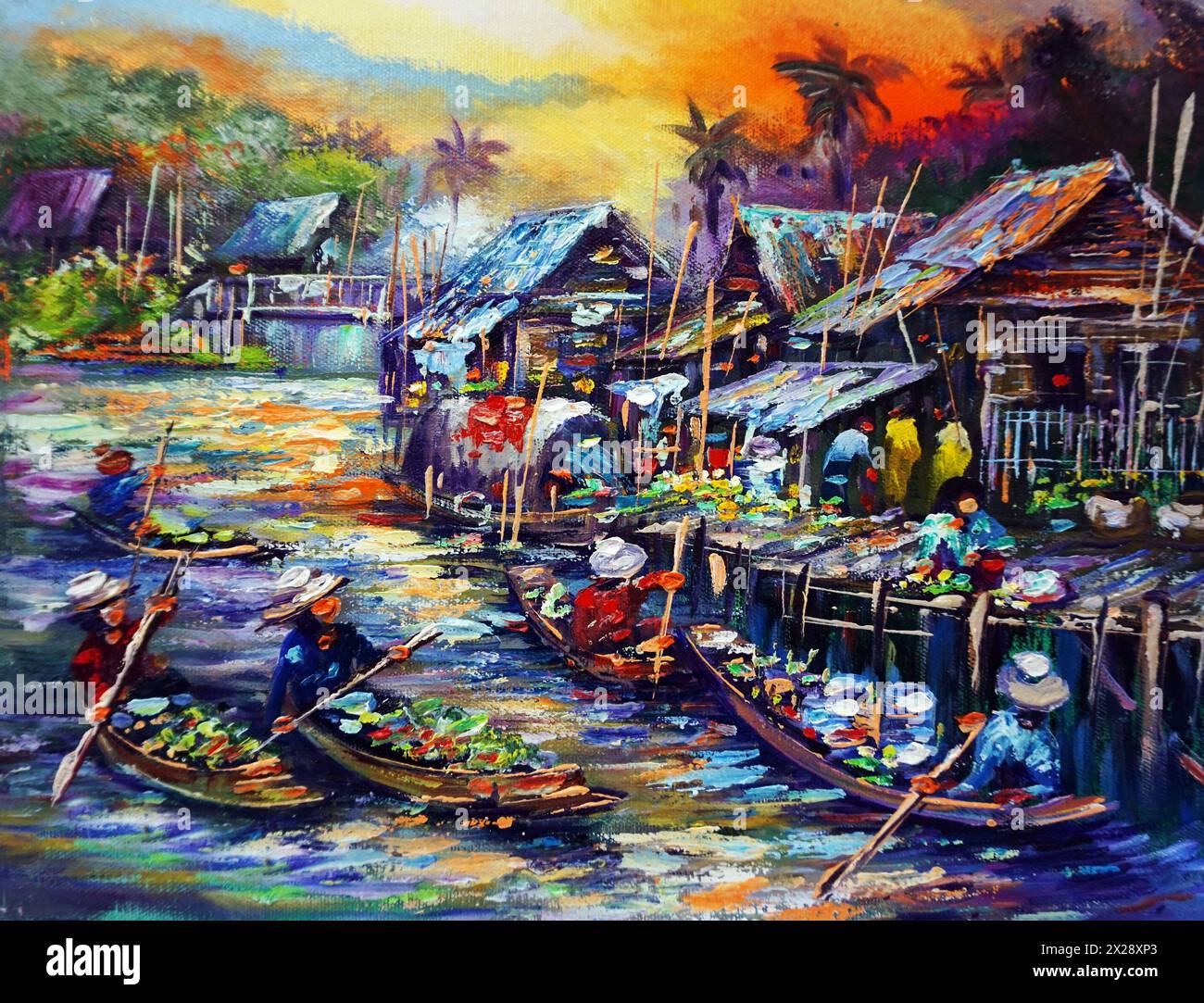 Hand drawn Art painting Oil color Floating market dumnoen saduak from ...