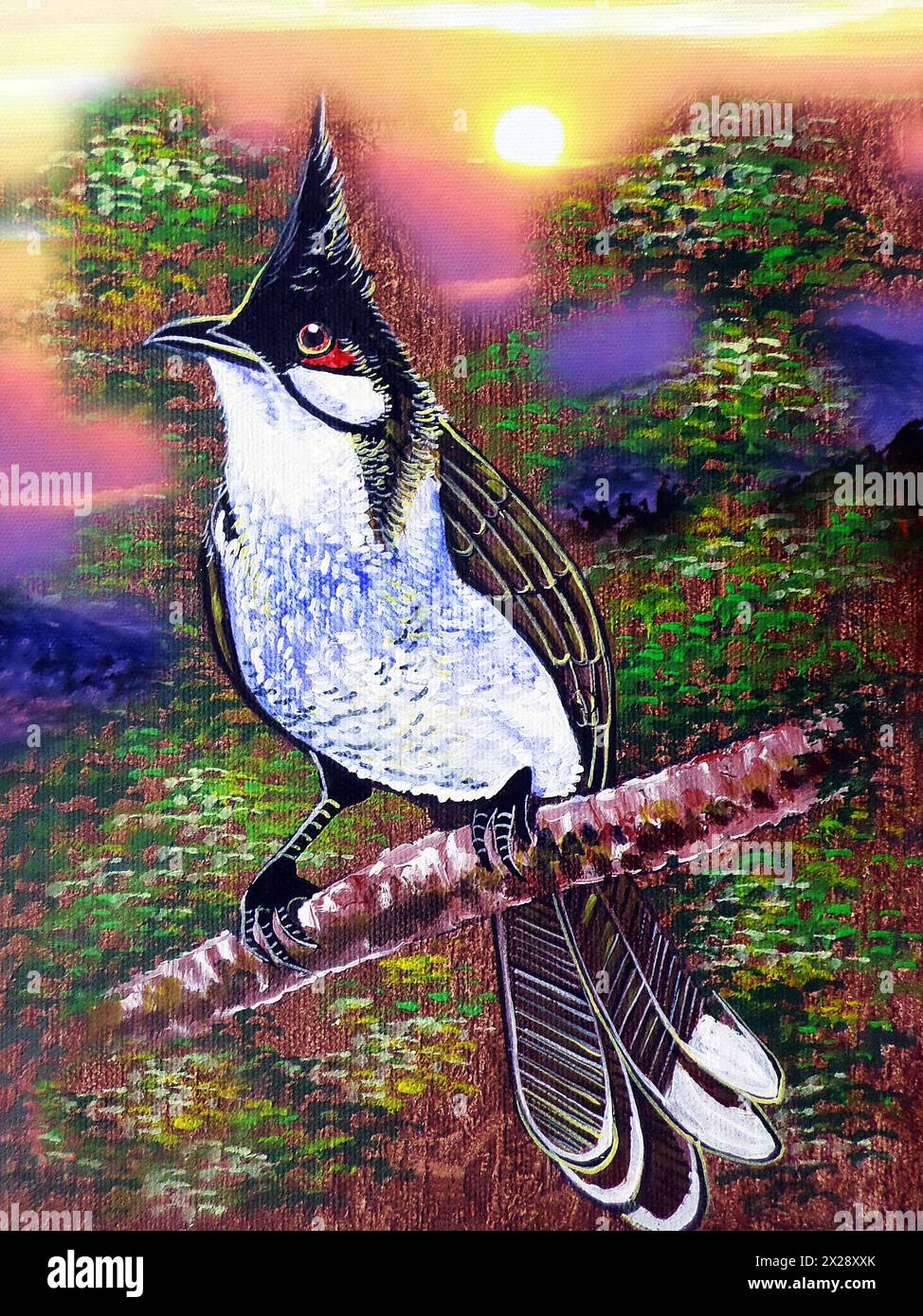 Original art painting oil color animal spigot bird and Red-whiskered ...