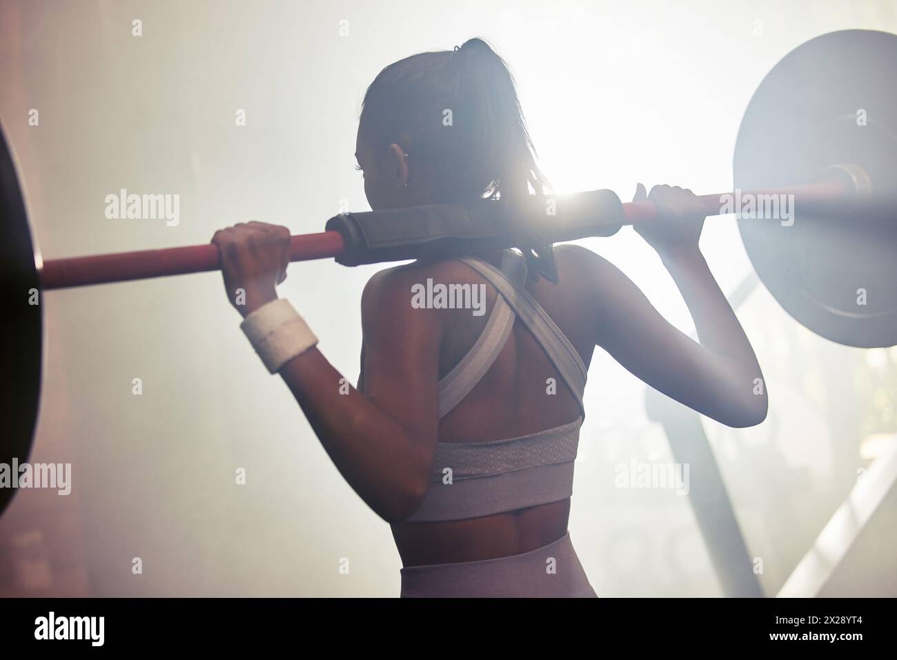 Barbell, gym and woman for workout and wellness, challenge and ...