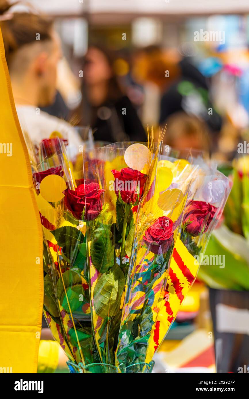 Detail of a bouquet of roses, decorated with ears of wheat and the flag ...