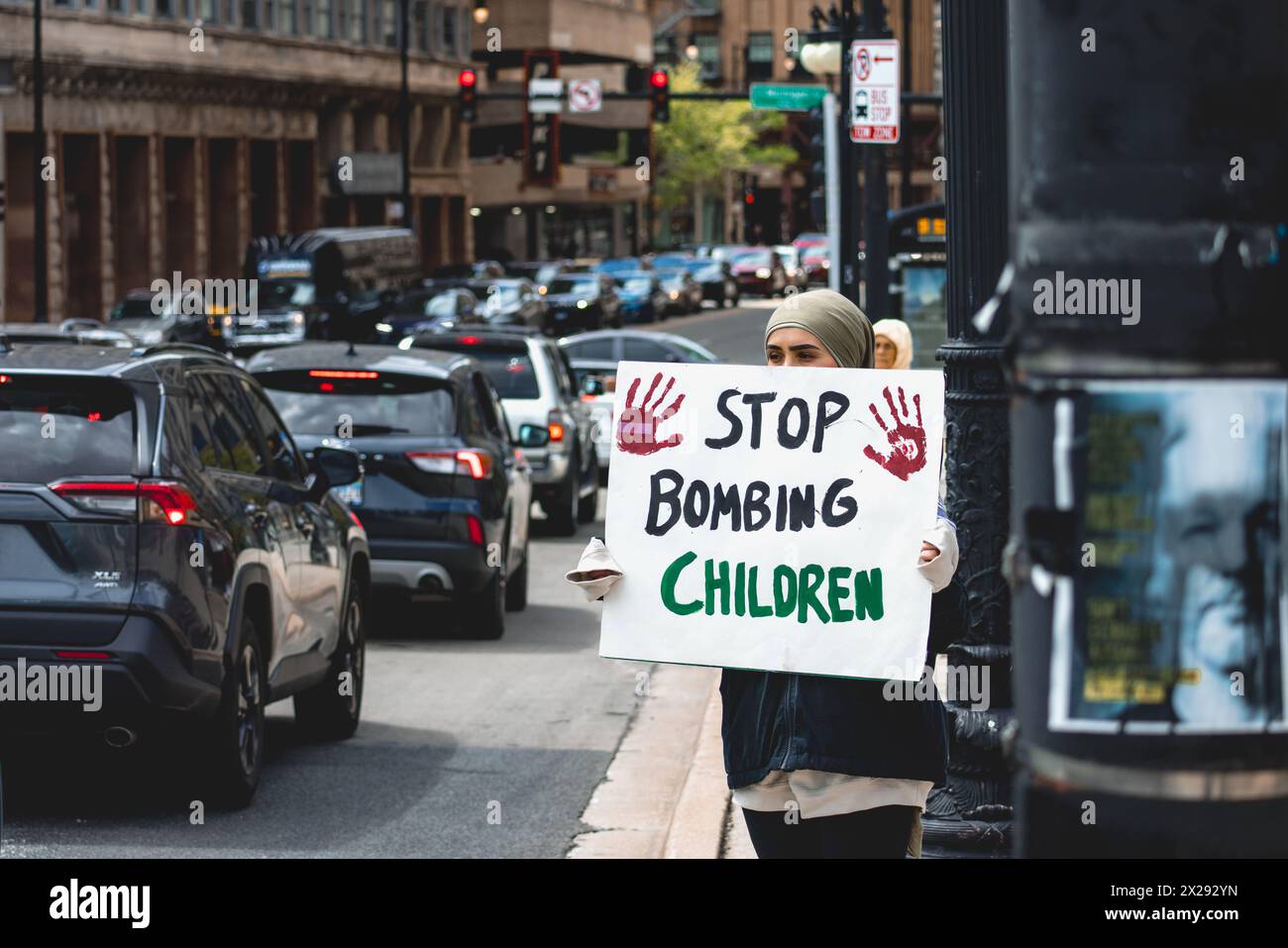 Chicago, US, 20th Apr 2024, Pro Palestine protester holds Stop Bombing ...