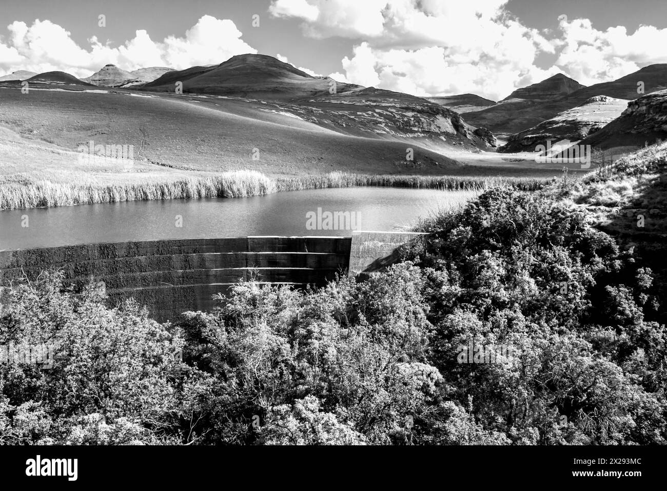 Black and White view of a small mountain Reservoir, with the Majestic ...