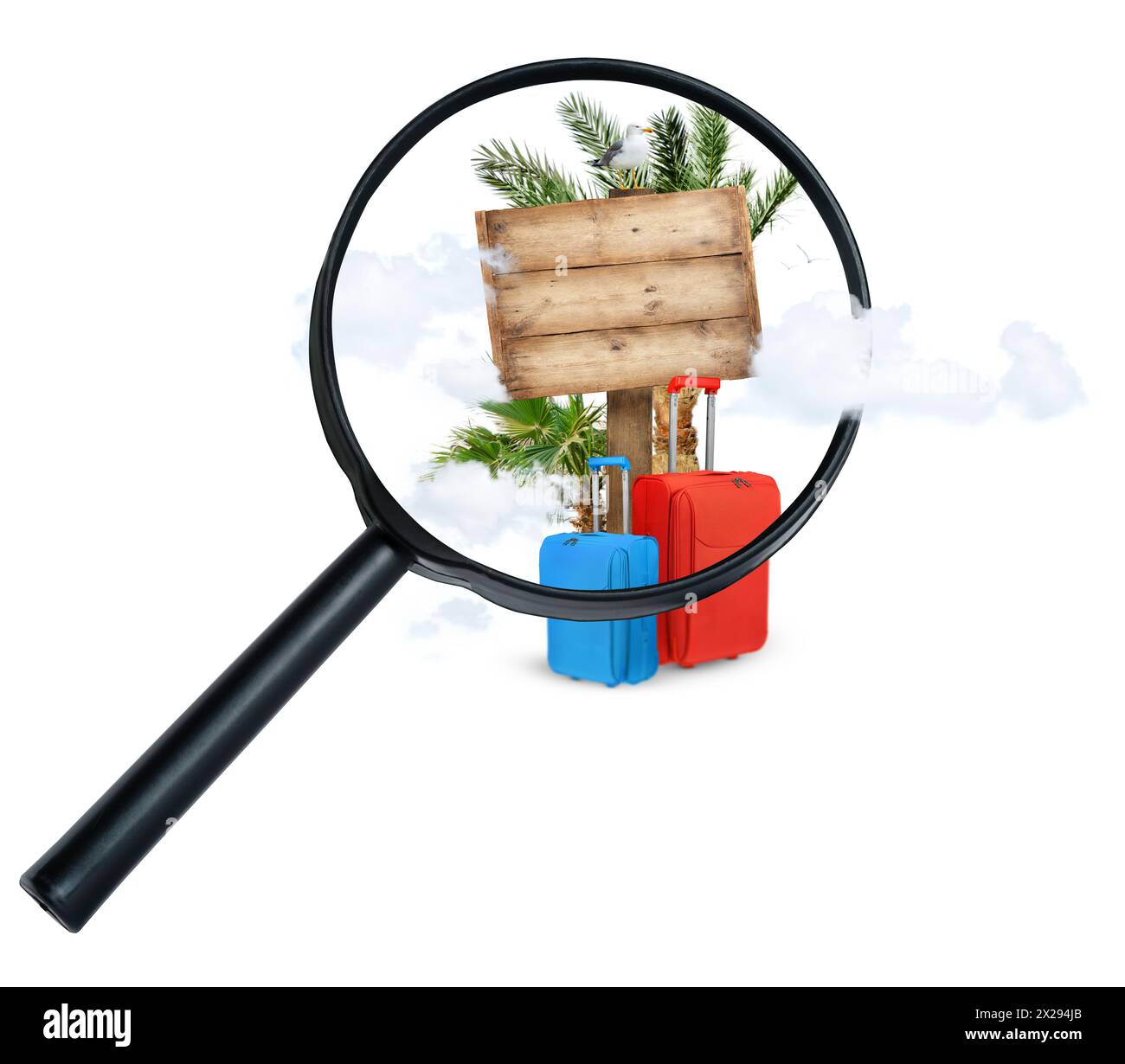 Summer tour searching under magnifying glass on white background ...