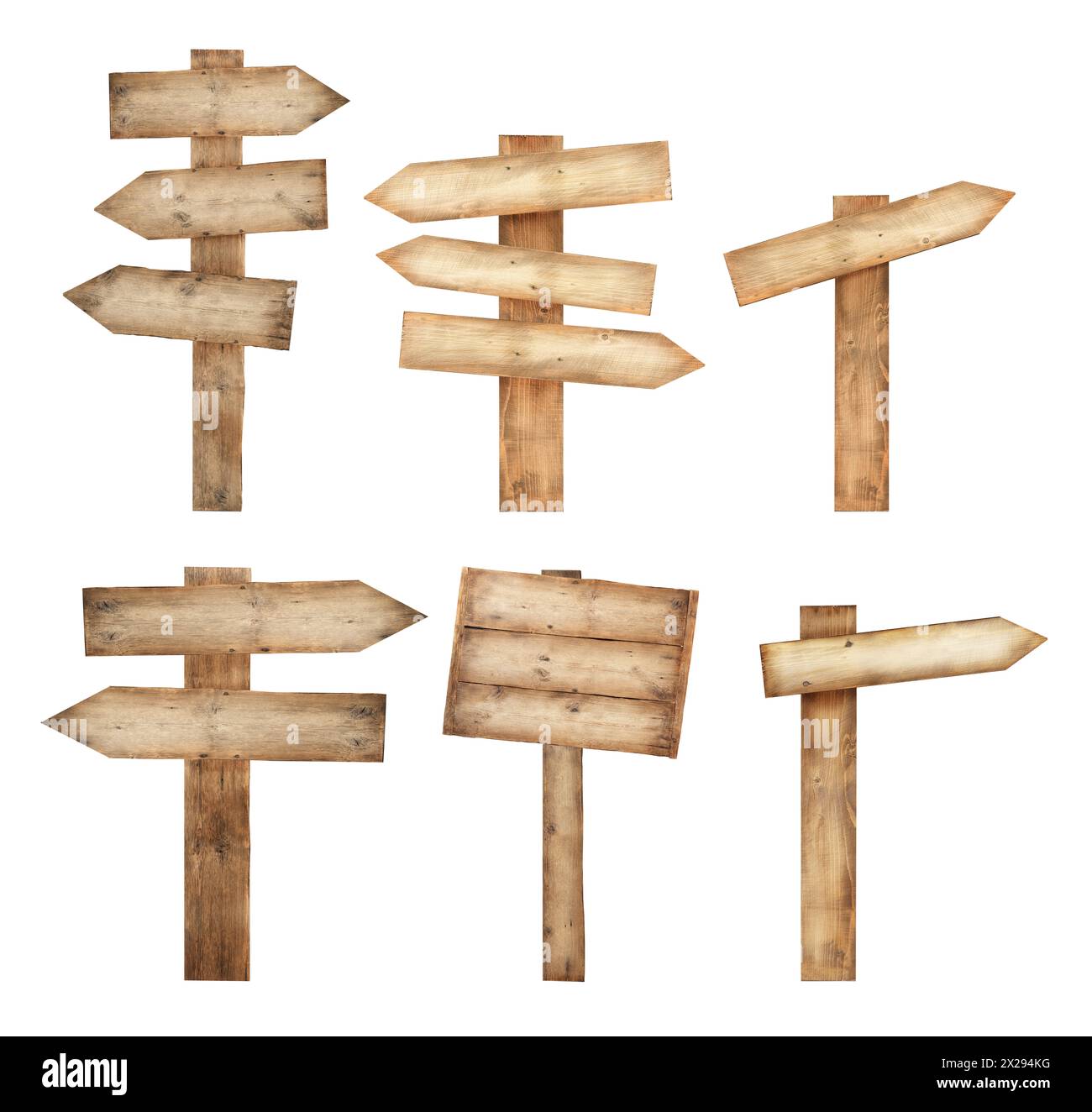 Collection of wooden direction signs isolated on white background with ...
