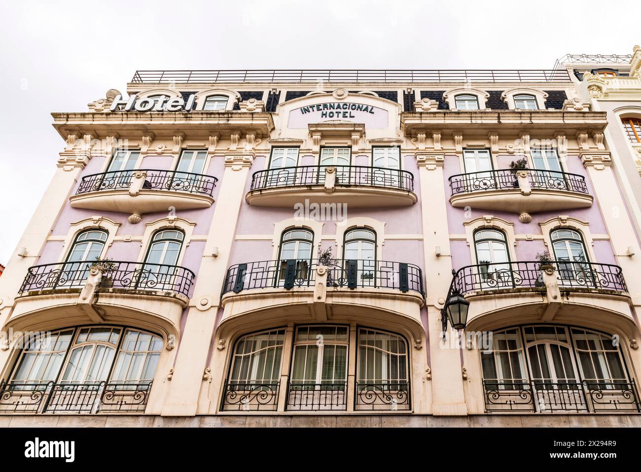 Historical art nouveau facade of International Hotel by the Rua Augusta ...