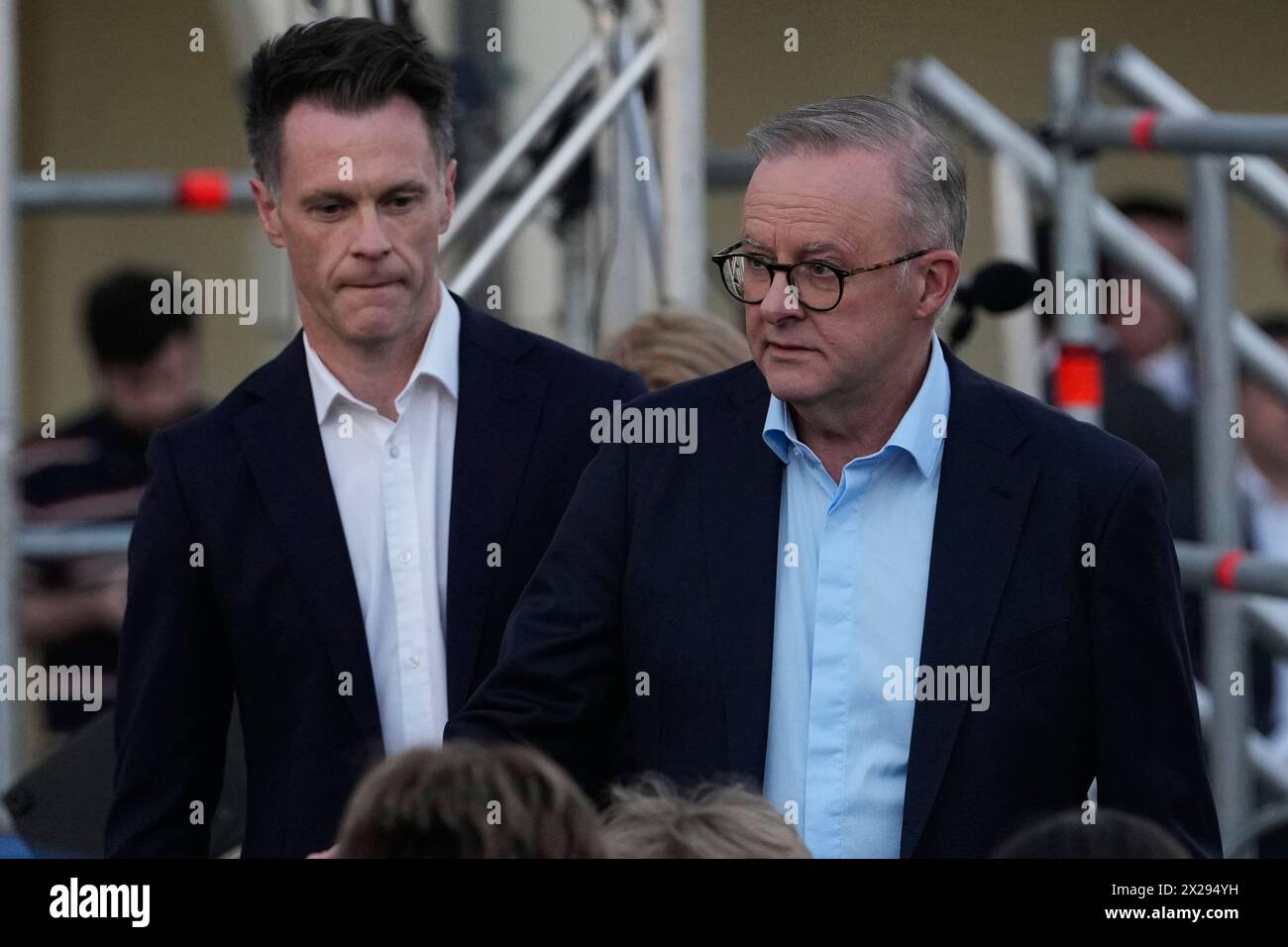 Australian Prime Minister Anthony Albanese, right, walks with New South ...