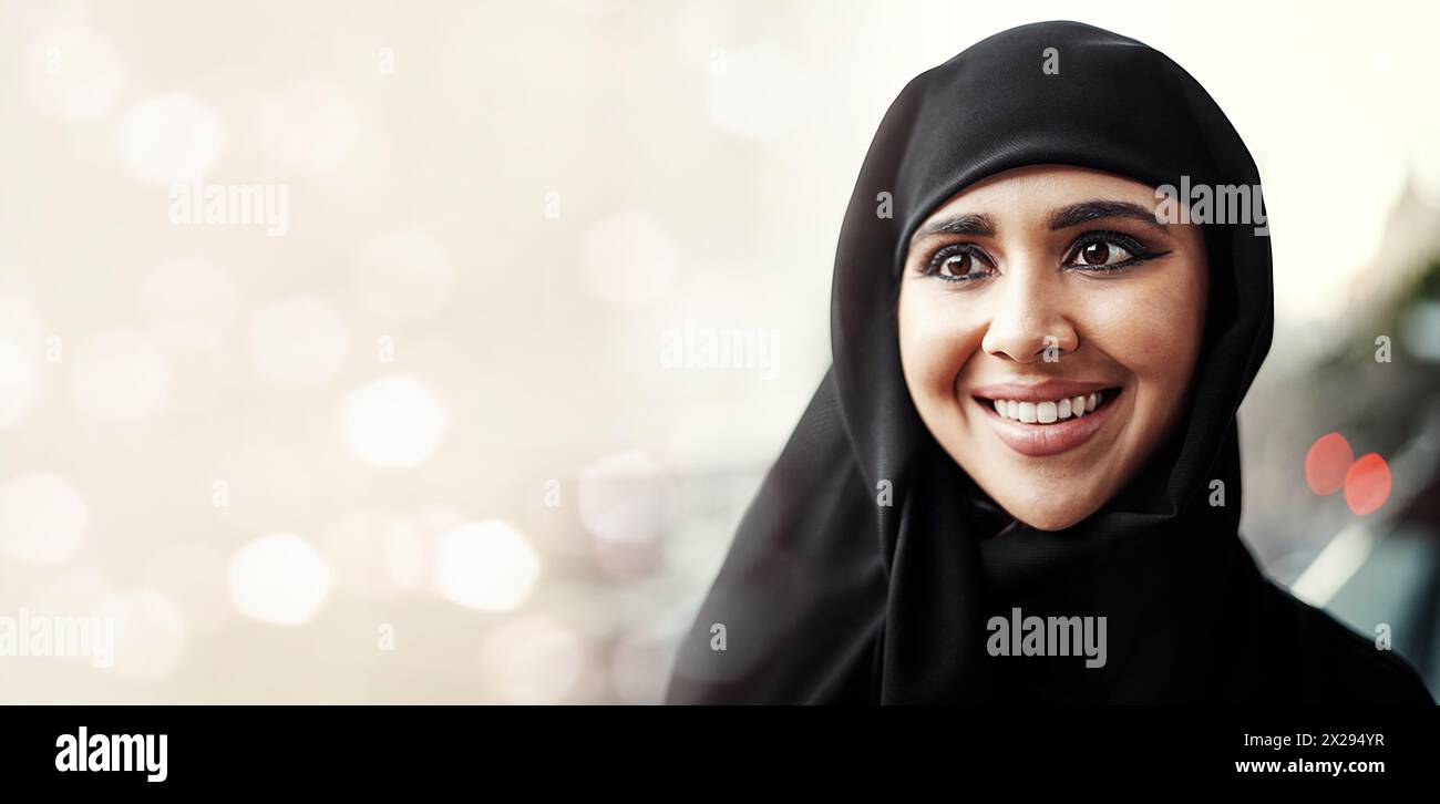 Happy, face and muslim woman outdoor with bokeh, mockup and joy for ...
