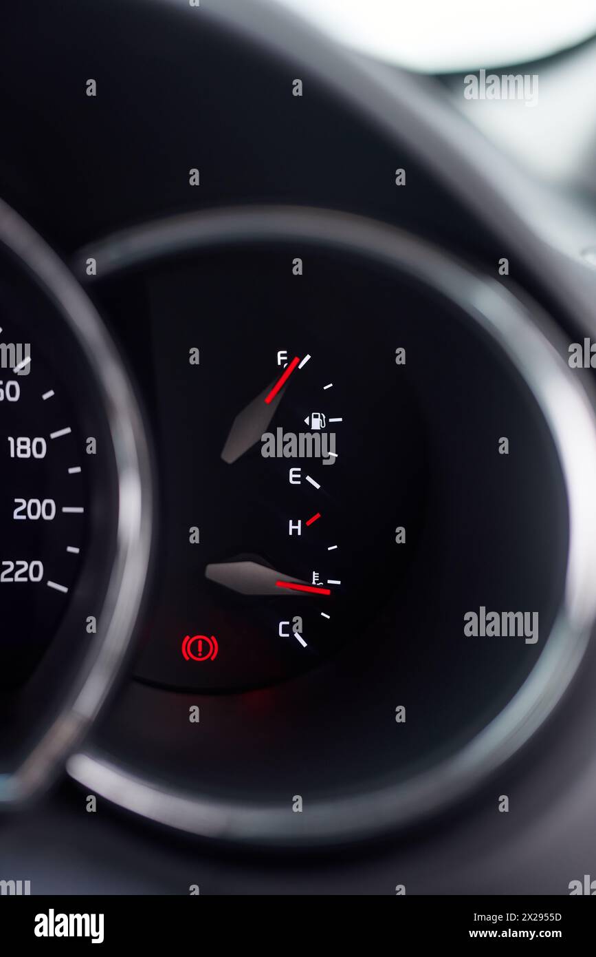 Car, dashboard and zoom of gauge of motor vehicle for petrol ...