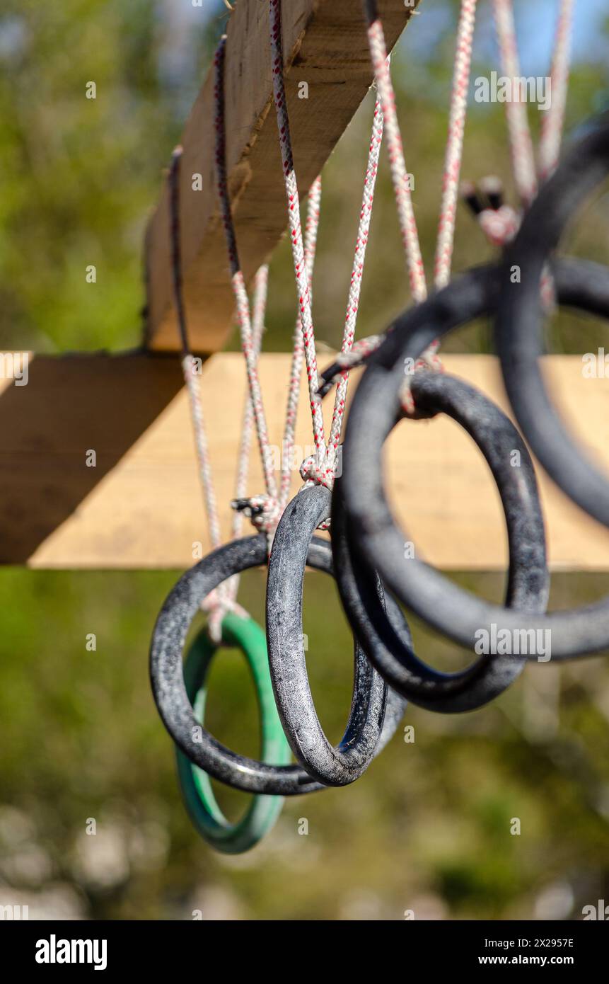 selective focus, detail of the rings of one of the obstacles of an ...