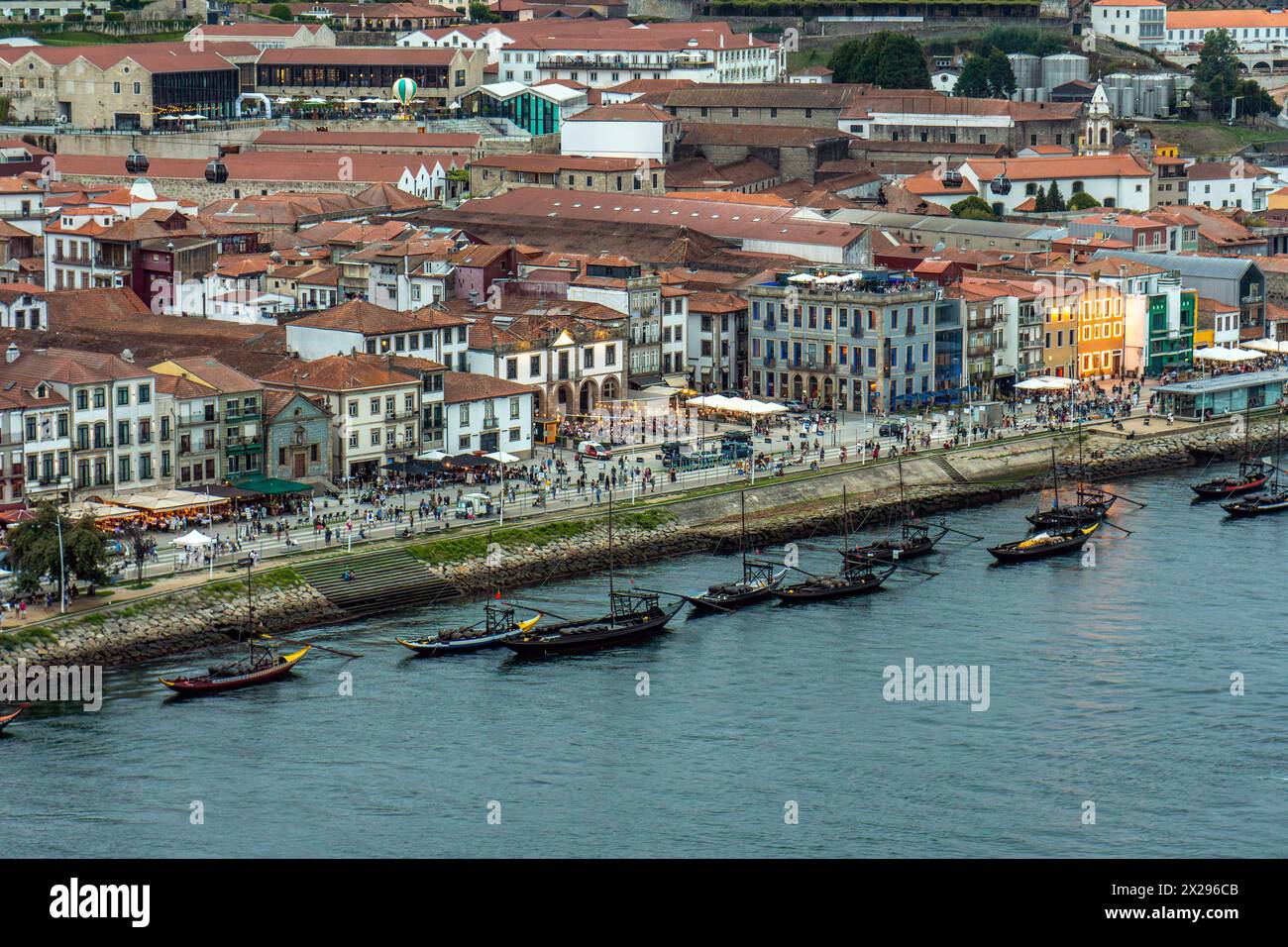 Aerial drone view of the Douro River and the Porto promenade with the ...