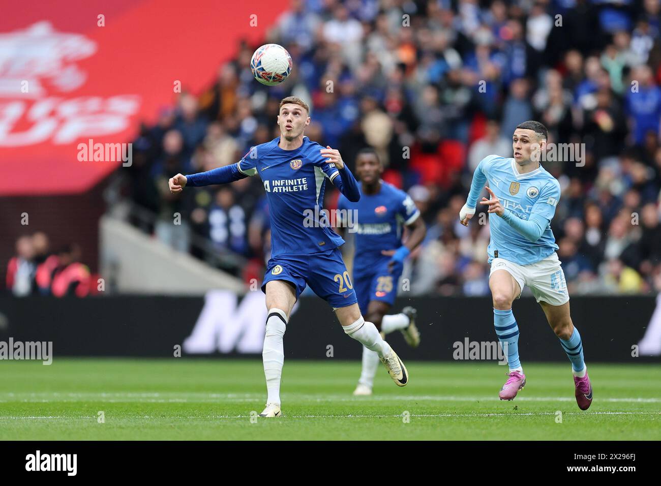 London, UK. 20th Apr, 2024. Cole Palmer of Chelsea (l) & Phil Foden of ...
