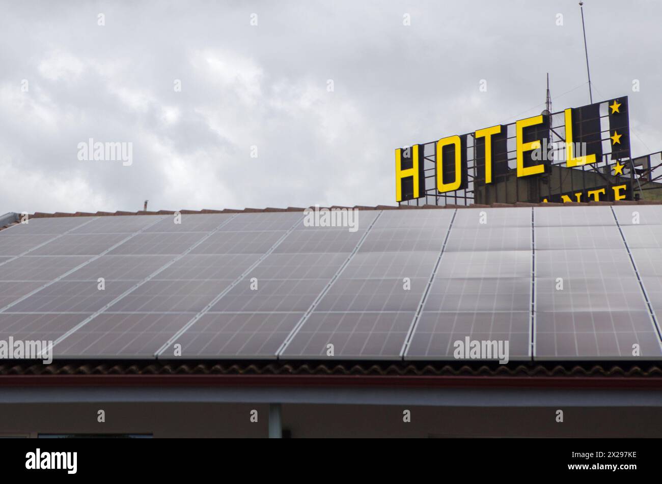 Solar panels on the roof of hotel. use of renewable energy in the ...