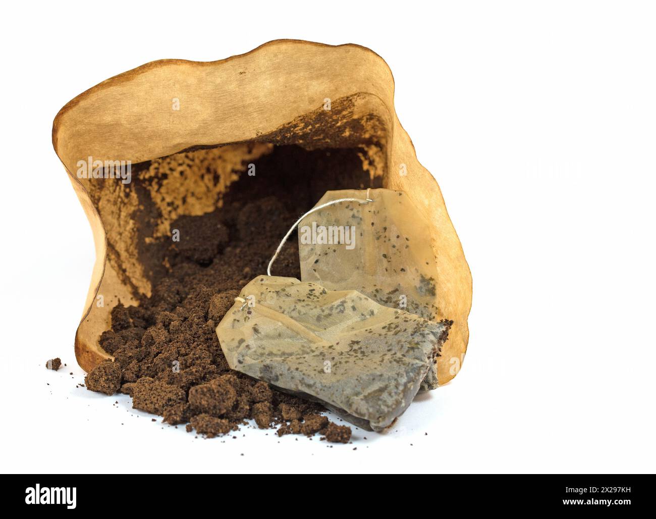 Coffee grounds in a filter bag and old tea bags Stock Photo - Alamy