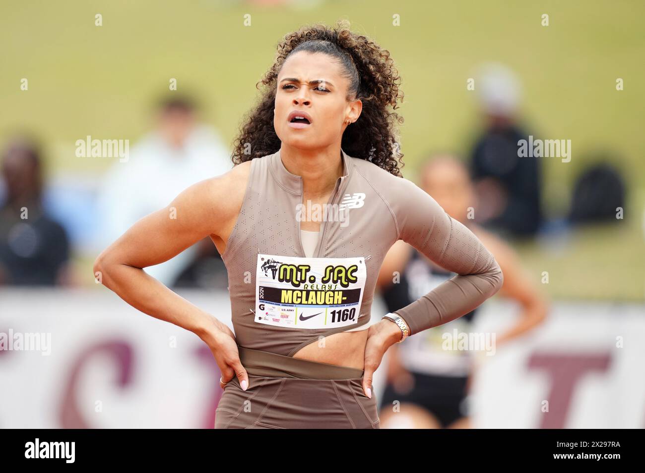 Sydney McLaughlin-Levrone reacts after running in the women's 4 x 100m ...