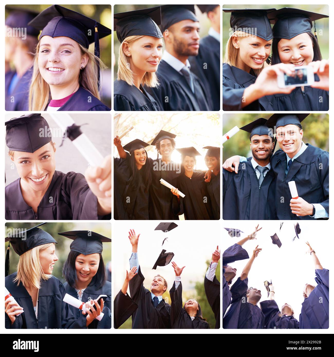 Collage, students and graduate on university with certificate ...