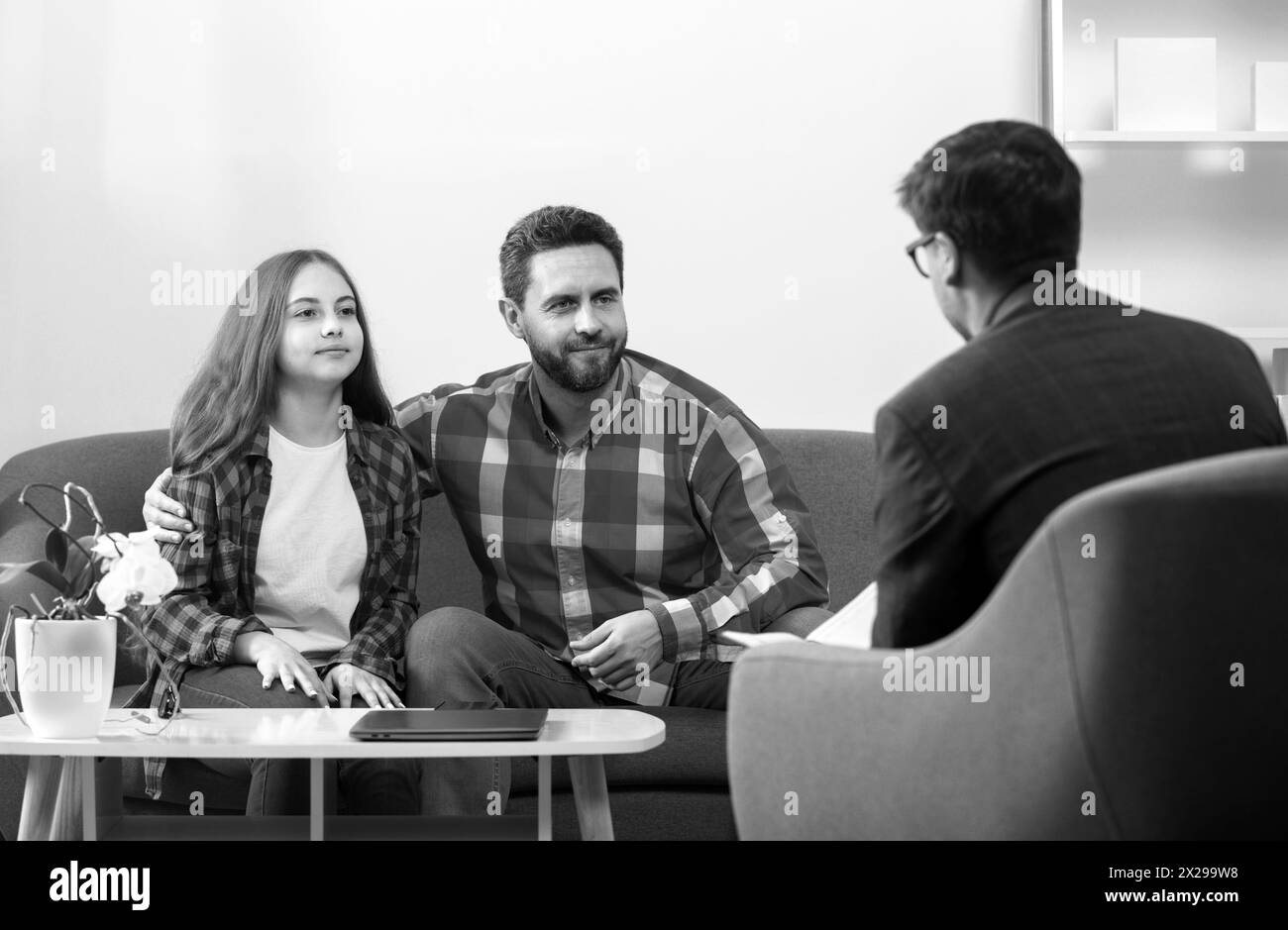 Father and child daughter with girl discussing problems in family with ...