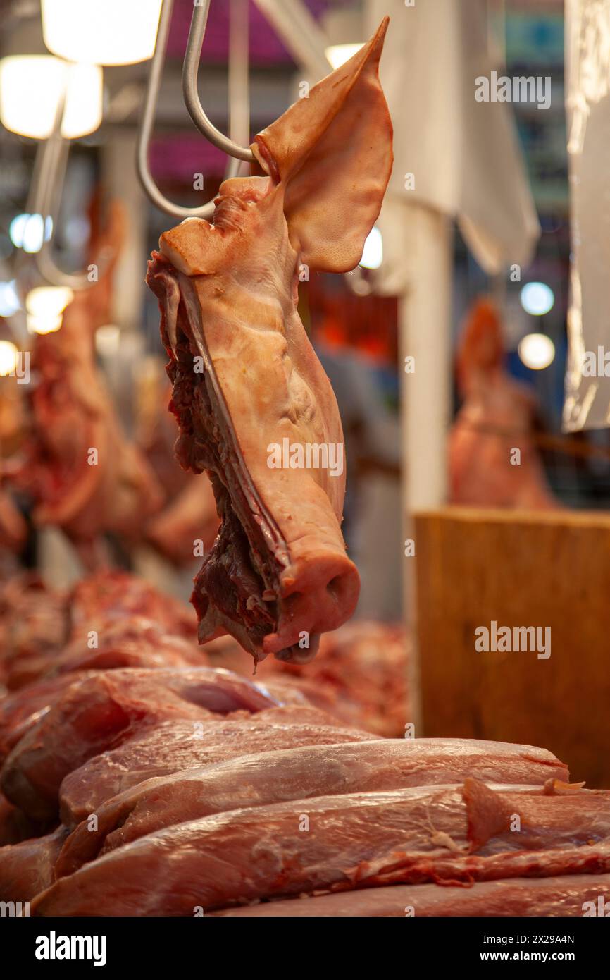 Pig's Head on Hook at Butcher at Jamaica Market in Mexico City, Mexico ...