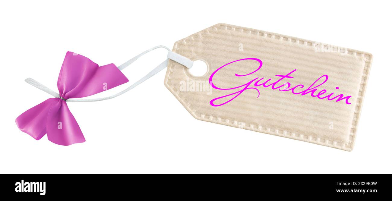Label and German Gift Voucher decoration with pink ribbon isolated on ...