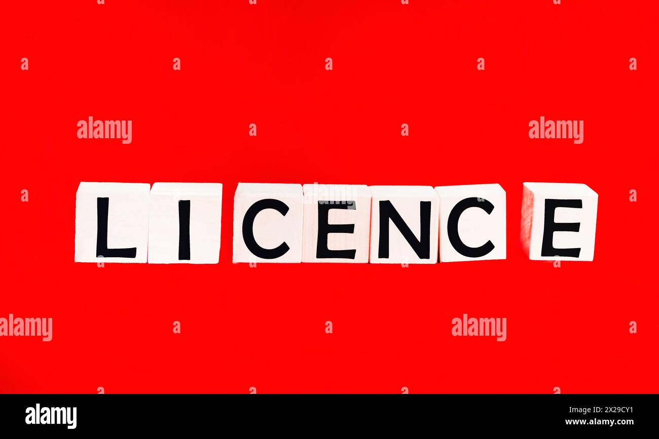 The word LICENSE made from wooden building blocks on a red background ...
