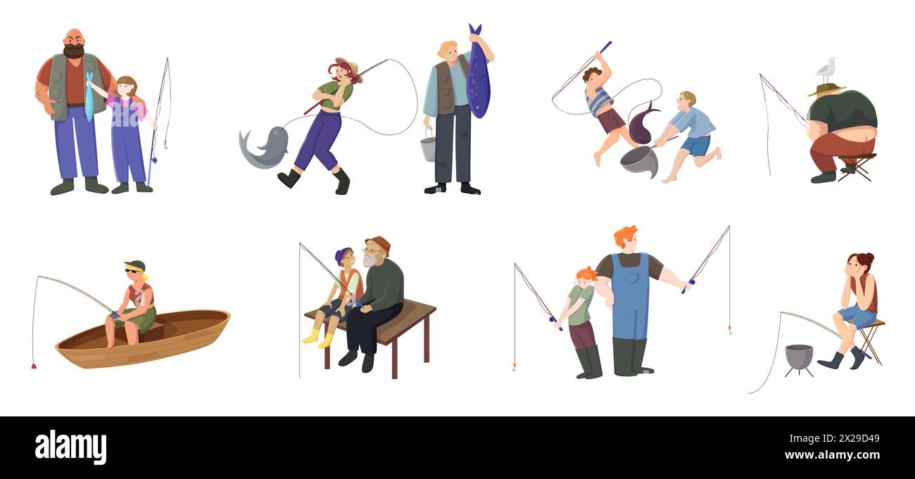 Angler fishing for fish, fishery set. Fisherman sitting in boat or ...