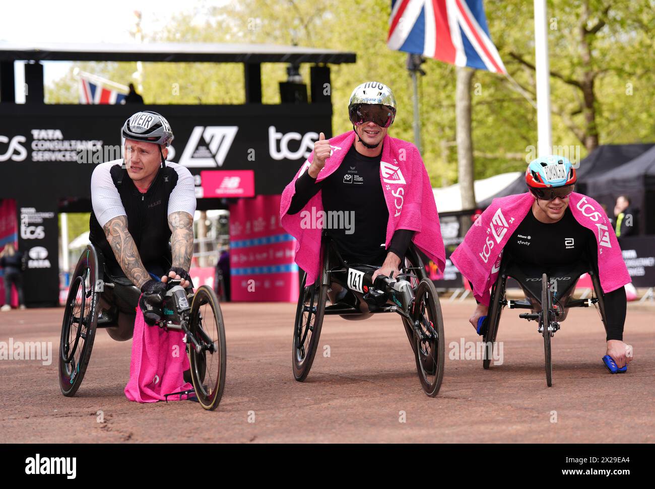 From left, David Weir, Marcel Hug and Daniel Romanchuk after the men's ...