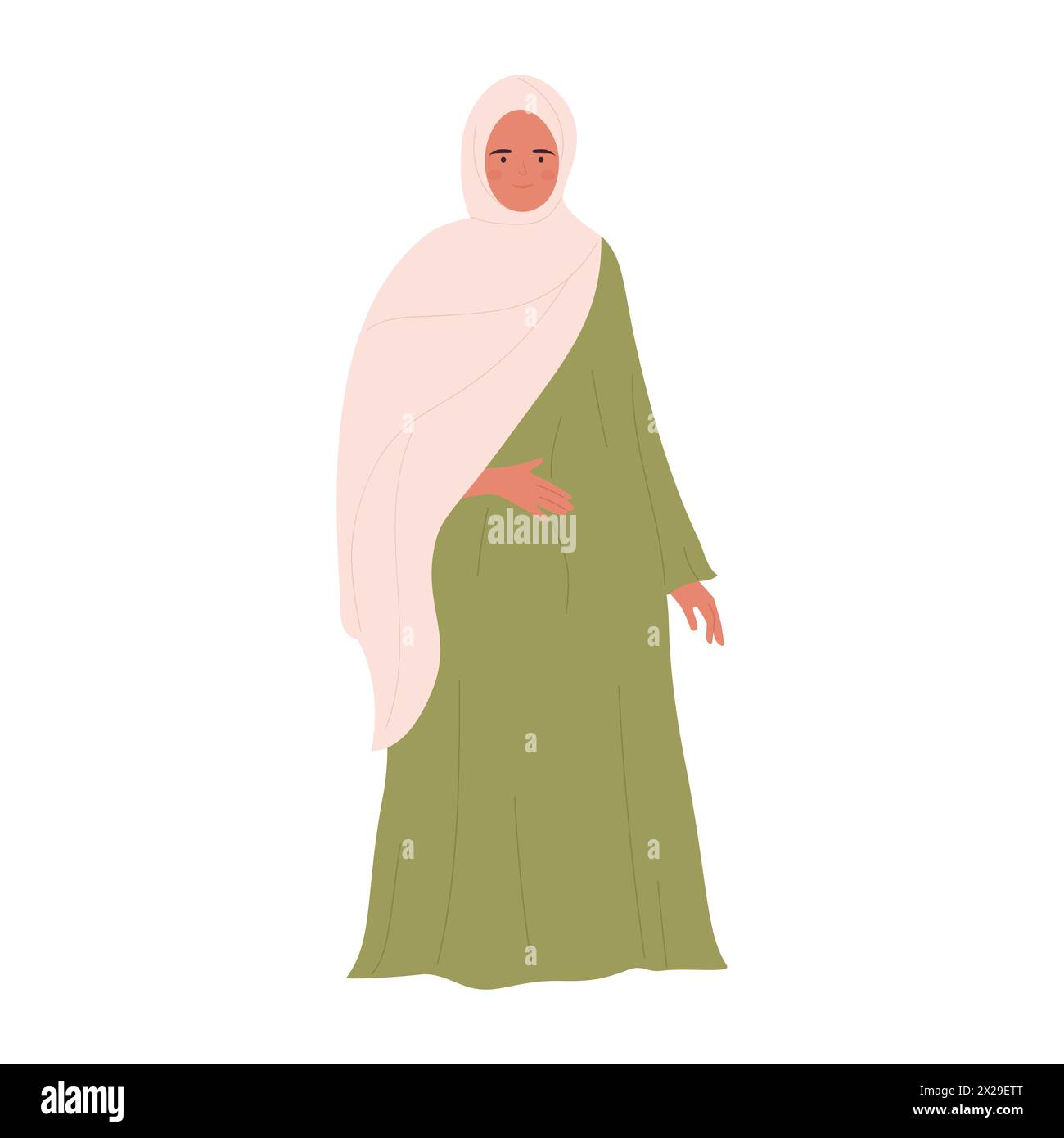 Muslim woman standing, wearing head scarf and traditional dress vector ...