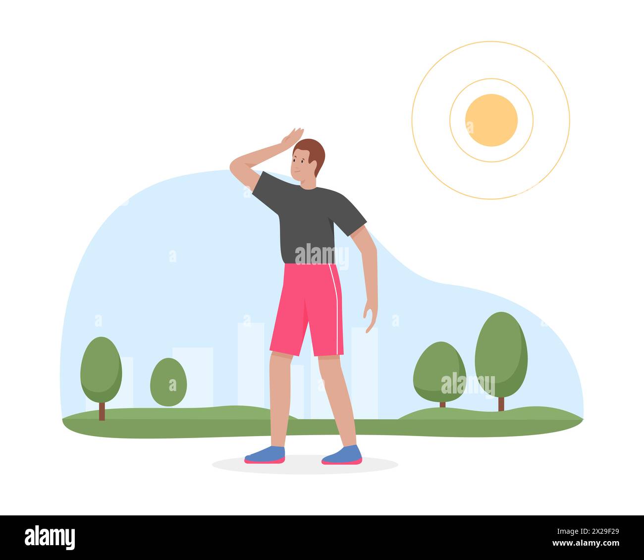 Man walking through summer park in hot sunny weather, suffering from ...