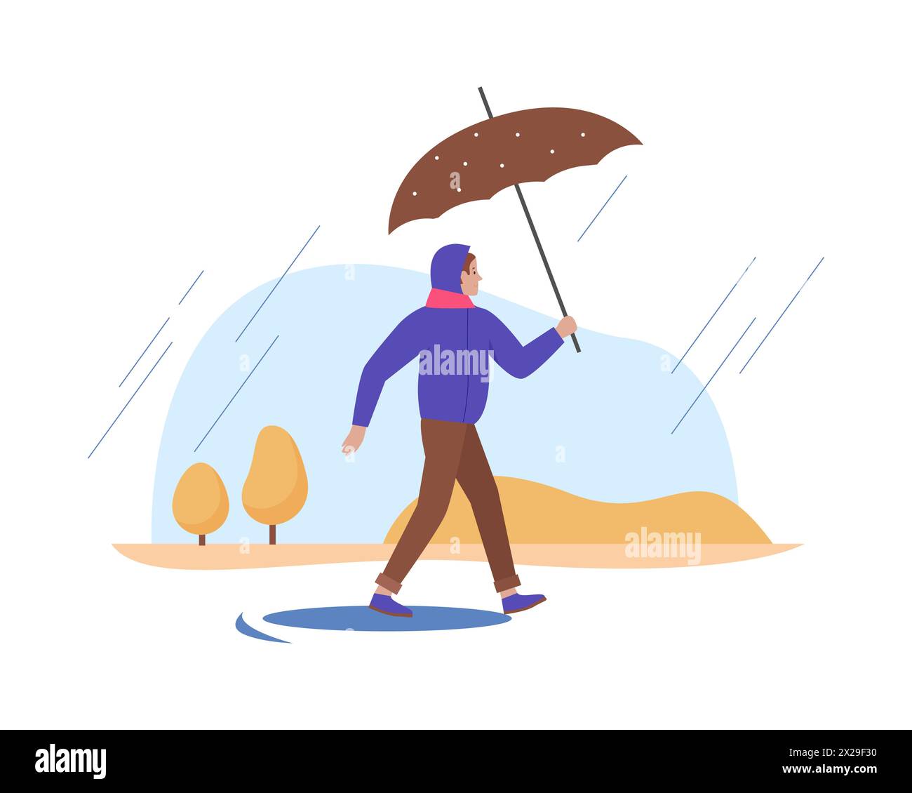 Man with umbrella walking in rain through puddles, walk in autumn park ...