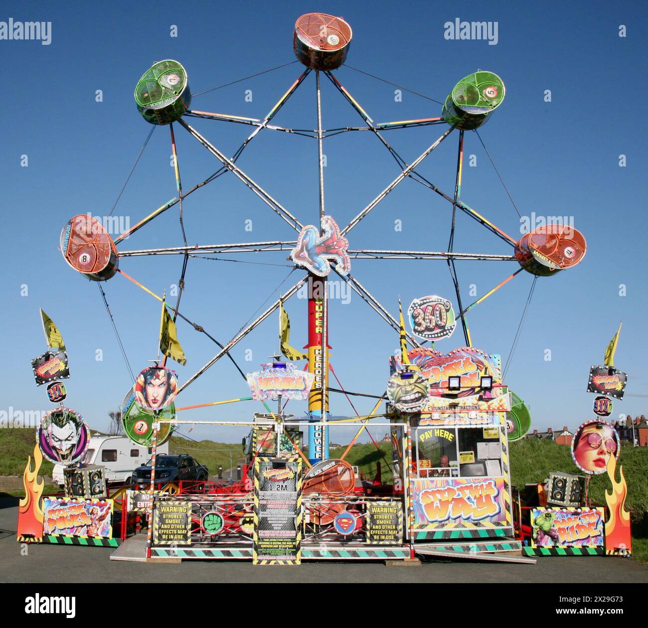 A view of the Super Heroes ride at Taylor's Funfair, Fleetwood, Lancashire, United Kingdom ...